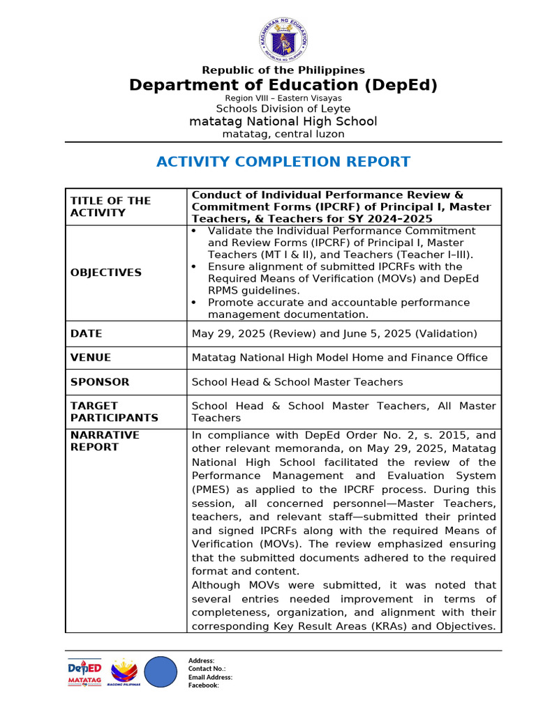 ACR - Conduct of Performance Review and Validation of IPCRF | PDF