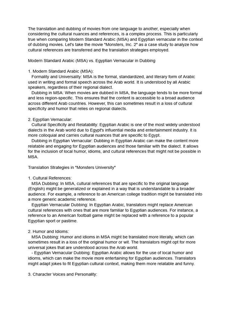 MSA Vs Egyptian Vernacular Dubbing | PDF | Arabic | Linguistics