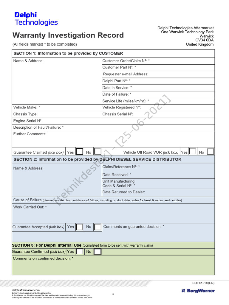 Delphi Warranty Form - 35929 | PDF | Vehicle Technology | Engines