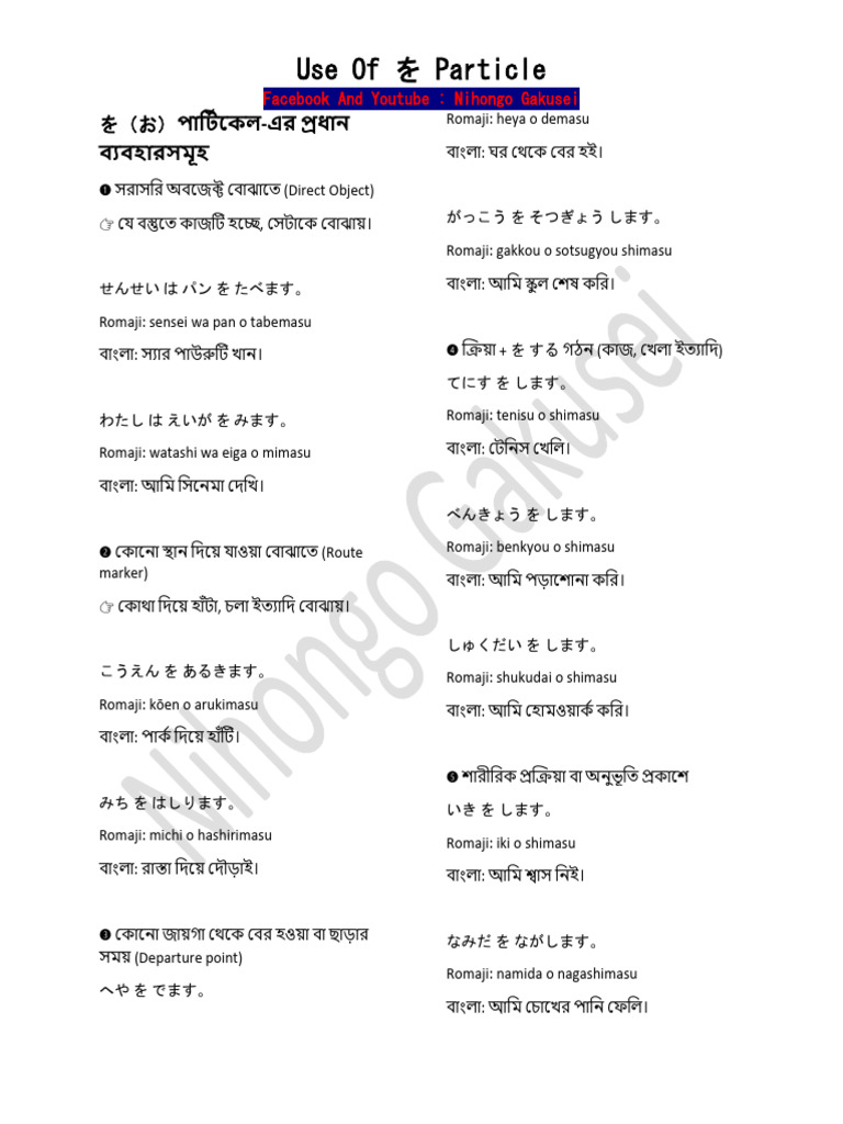 Use of を o Particle | PDF