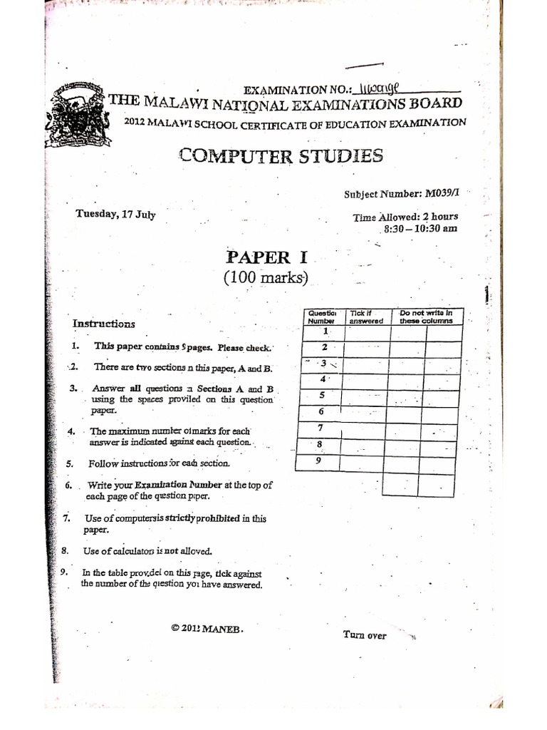 Maneb Paper 1 2012 | PDF