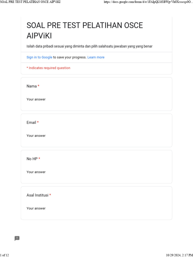Soal Pre Test Pelatihan Osce Aipviki | PDF