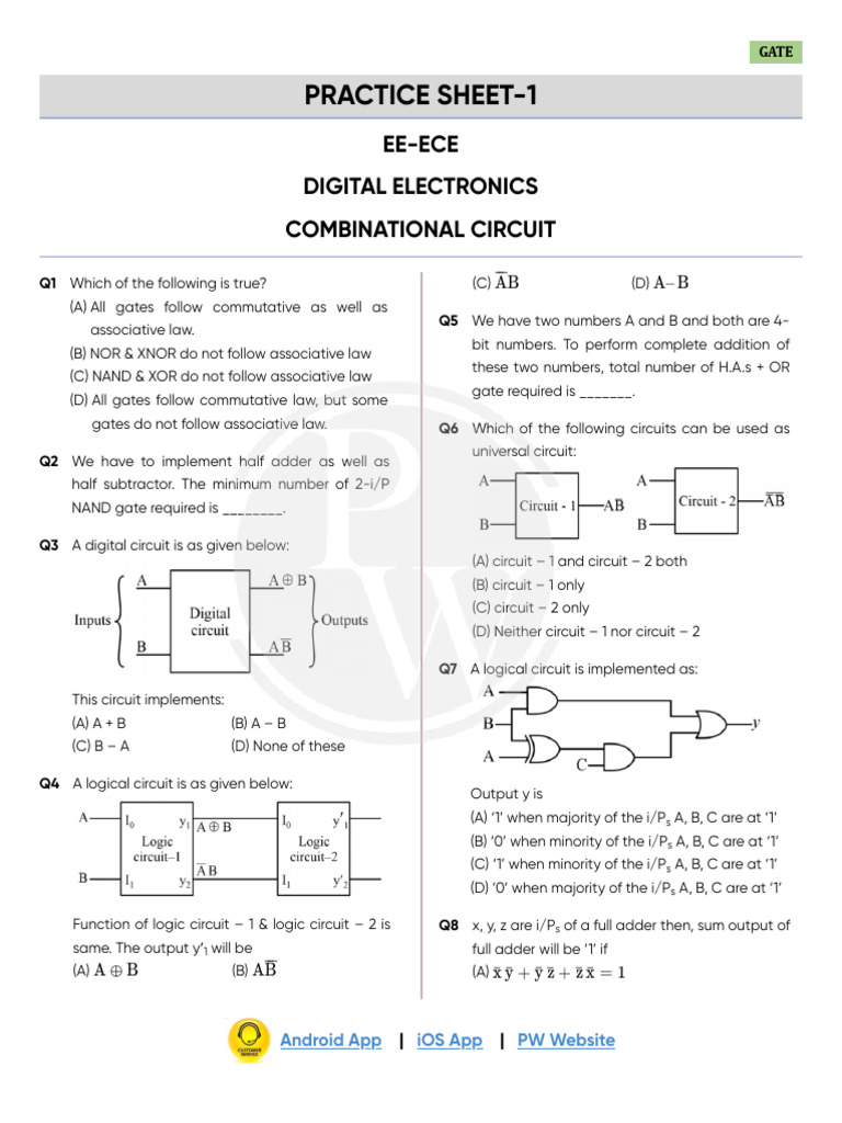 Combinational Circuits Practice Sheet 01671bc70a622ed2643bd39efd | PDF | Electronics ...
