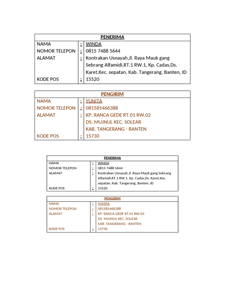 Identitas Kirim Paket | PDF