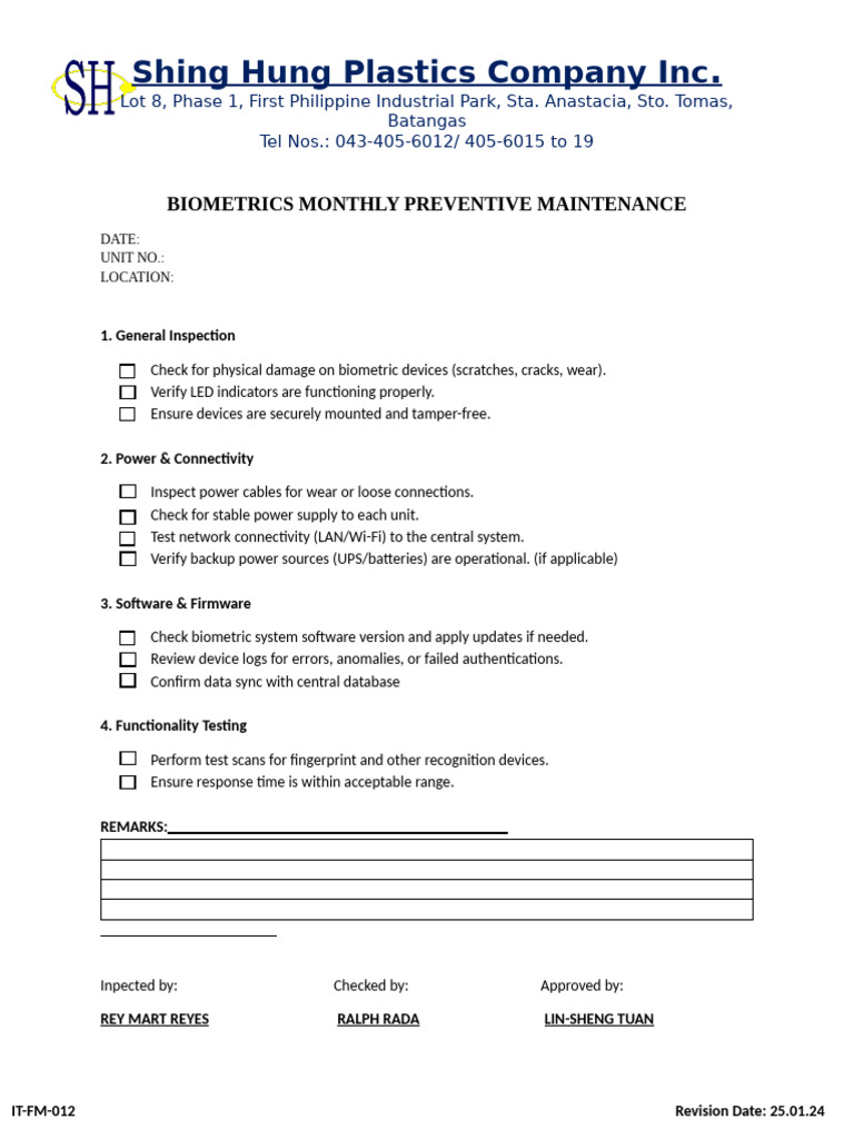 Biometrics Monthly Preventive Maintenance | PDF