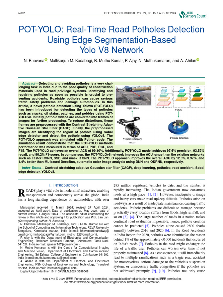 POT-YOLO Real-Time Road Potholes Detection Using Edge Segmentation-Based Yolo V8 Network | PDF ...