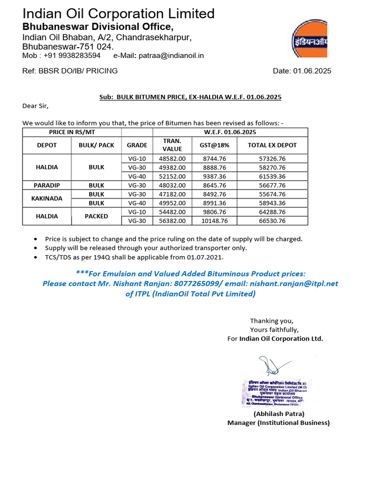 Bitumen Price List W.E.F. 01.06.2025 | PDF | Chemical Process ...