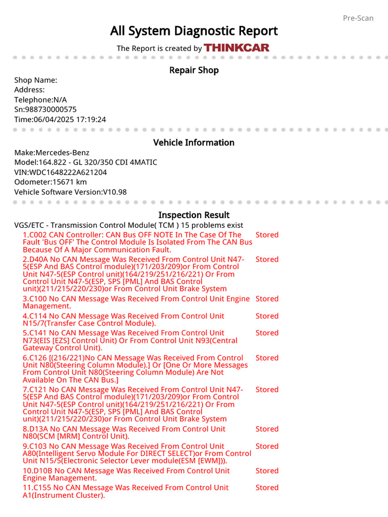 BENZ Pre-Scan WDC1648222A621204 All System Diagnostic Report ...