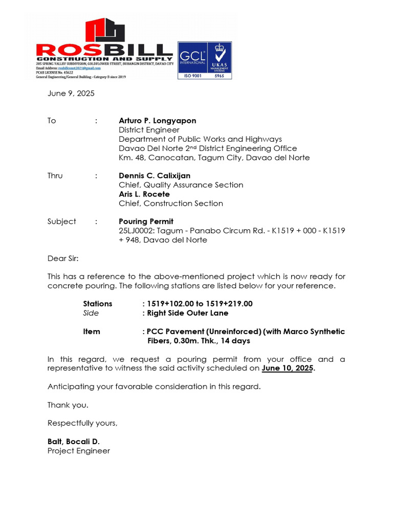25LJ0002 Pouring Request RosBill | PDF