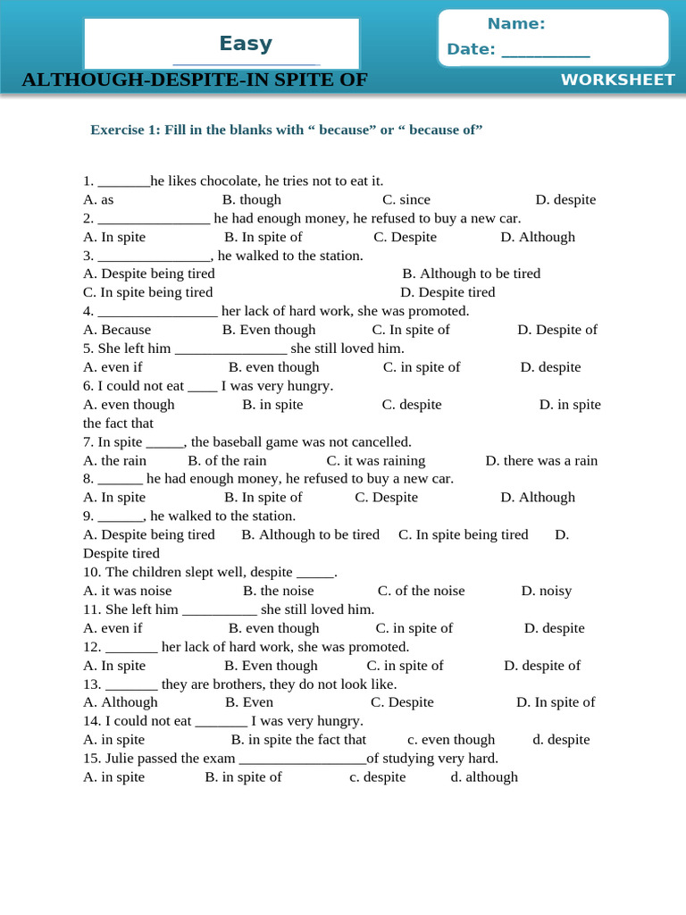 Although vs. Despite Grammar Worksheet | PDF