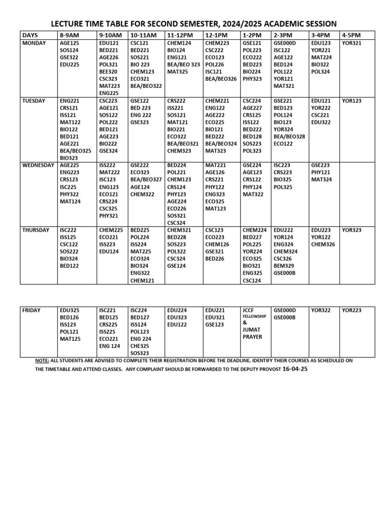 Amended Second Semester Lecture Time Table 2024-2025 | PDF
