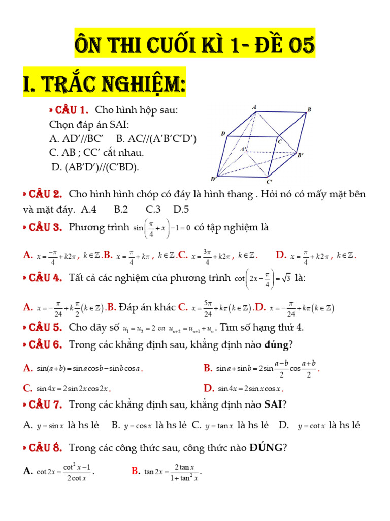 T11- ÔN THI HK1 2025 - ĐỀ 05 - DE BAI | PDF