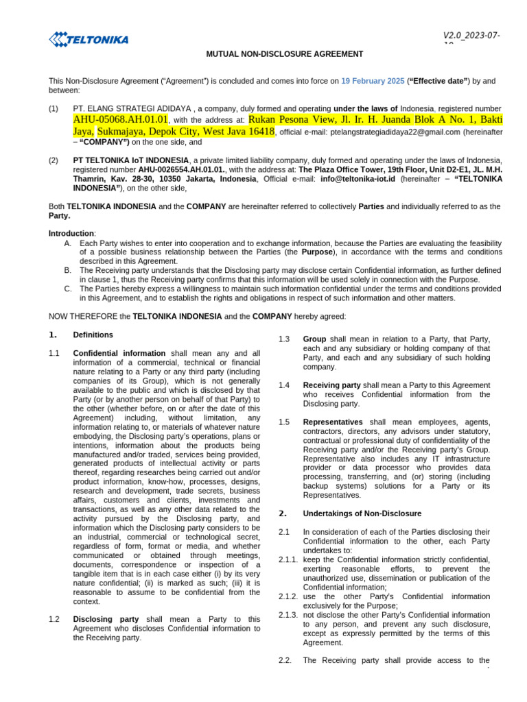 NDA Between PT Elang and Teltonika | PDF | Breach Of Contract | Legal ...