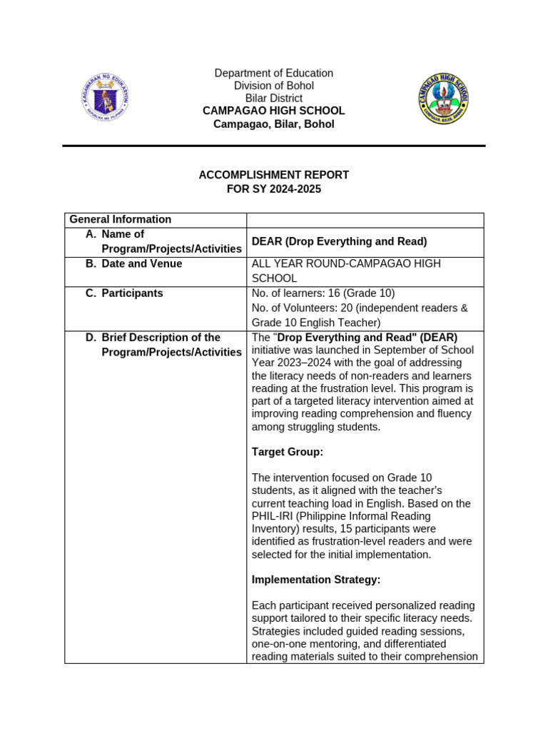 DEAR Accomplishment Report | PDF | Reading Comprehension | Literacy