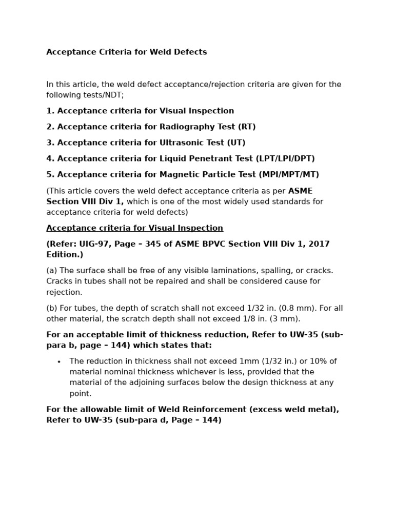 Acceptance Criteria For Weld Defects | PDF | Welding | Construction