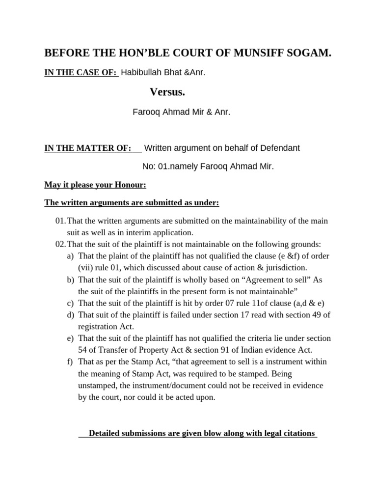 Written Argument On Lalpora Suit. | PDF | Lawsuit | Property