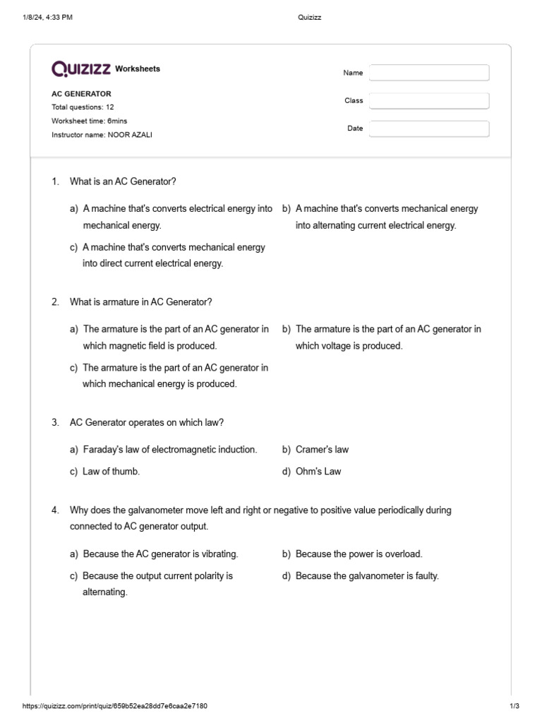 Ac Generator Questions | PDF | Electric Generator | Electromagnetic ...