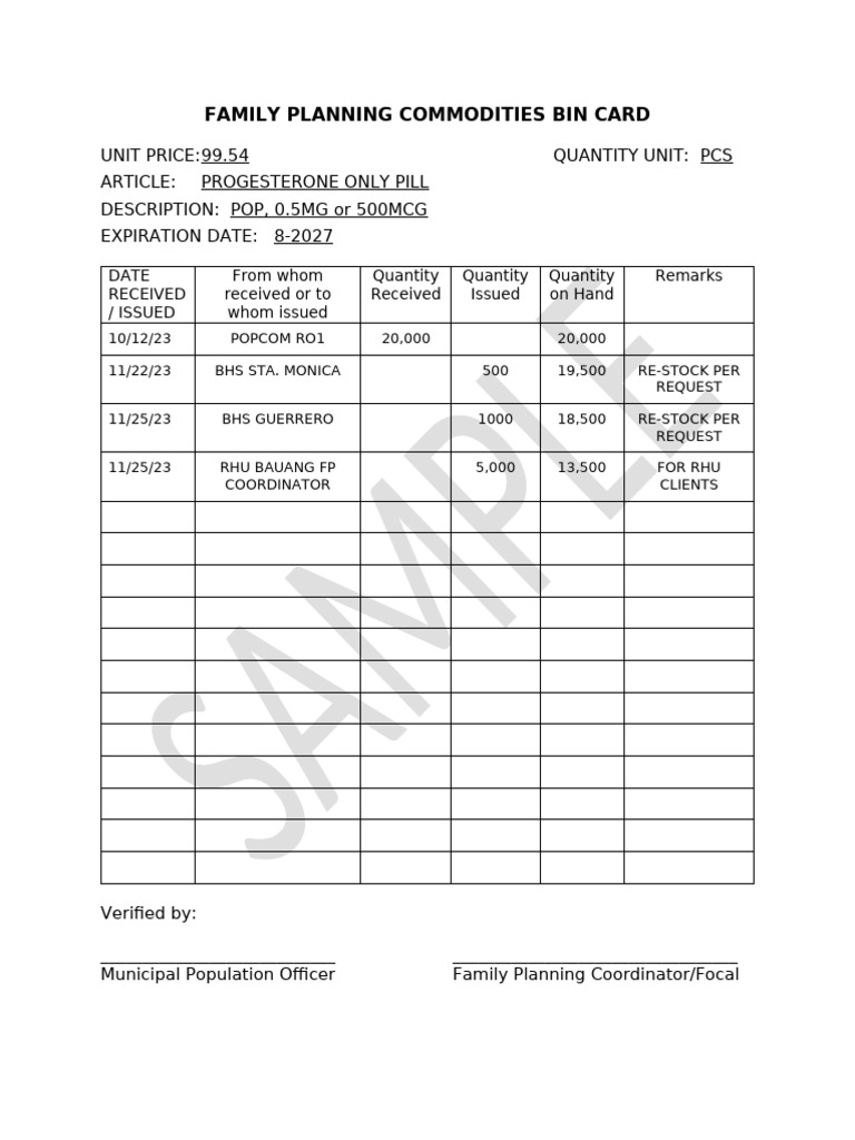 Family Planning Commodities Bin Card | PDF