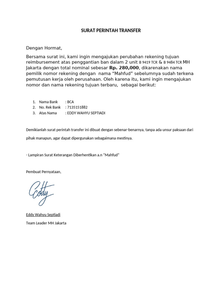 Format - Surat Perintah Transfer | PDF