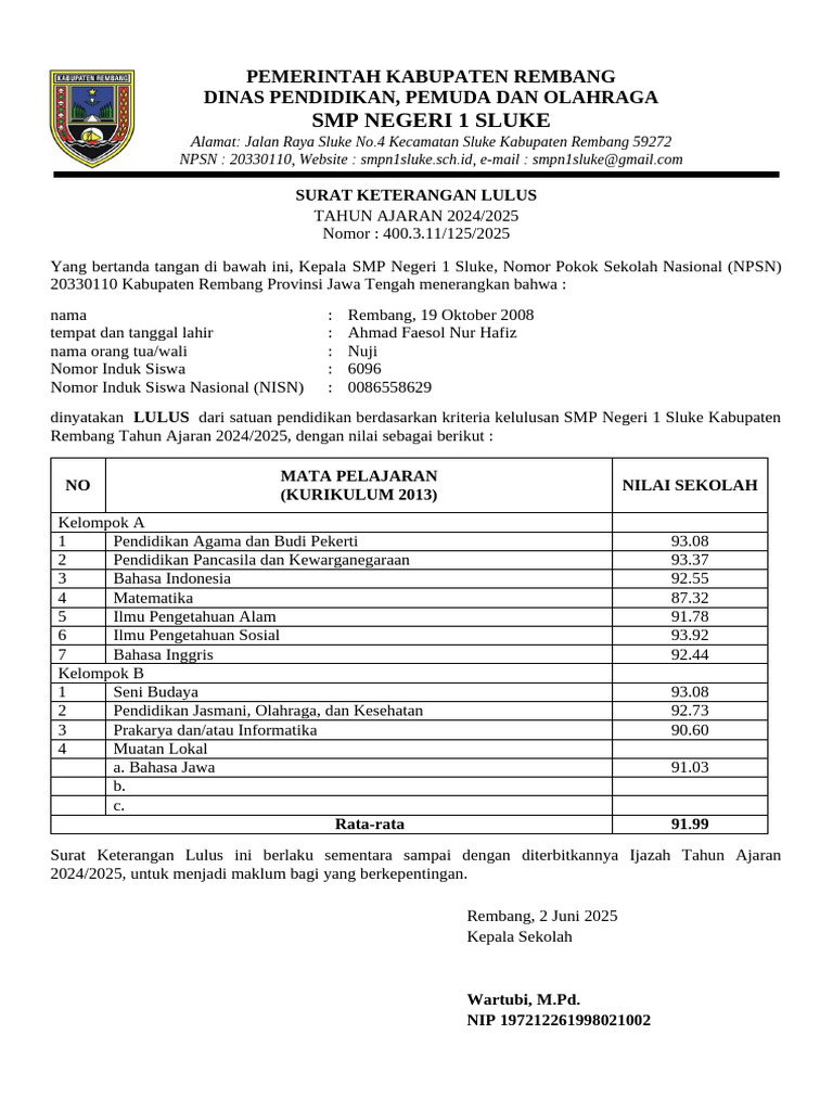 Contoh SKL SMP 1 Sluke Tahun 2025 | PDF