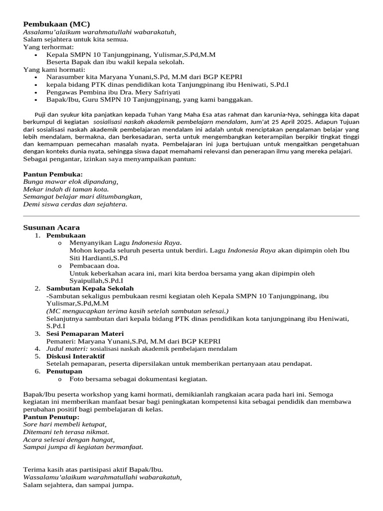 Teks MC Workshop Manajemen Kelas | PDF