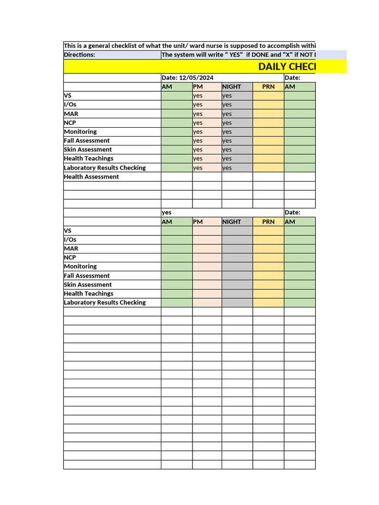 EMR Daily Nursing Checklist Template | PDF | Dehydration | Medical ...