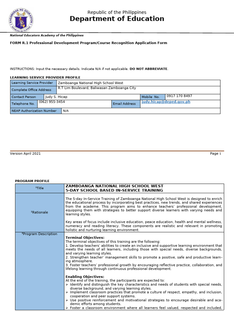 A. Neap Form r.1 4 Autorecovered | PDF | Learning | Pedagogy