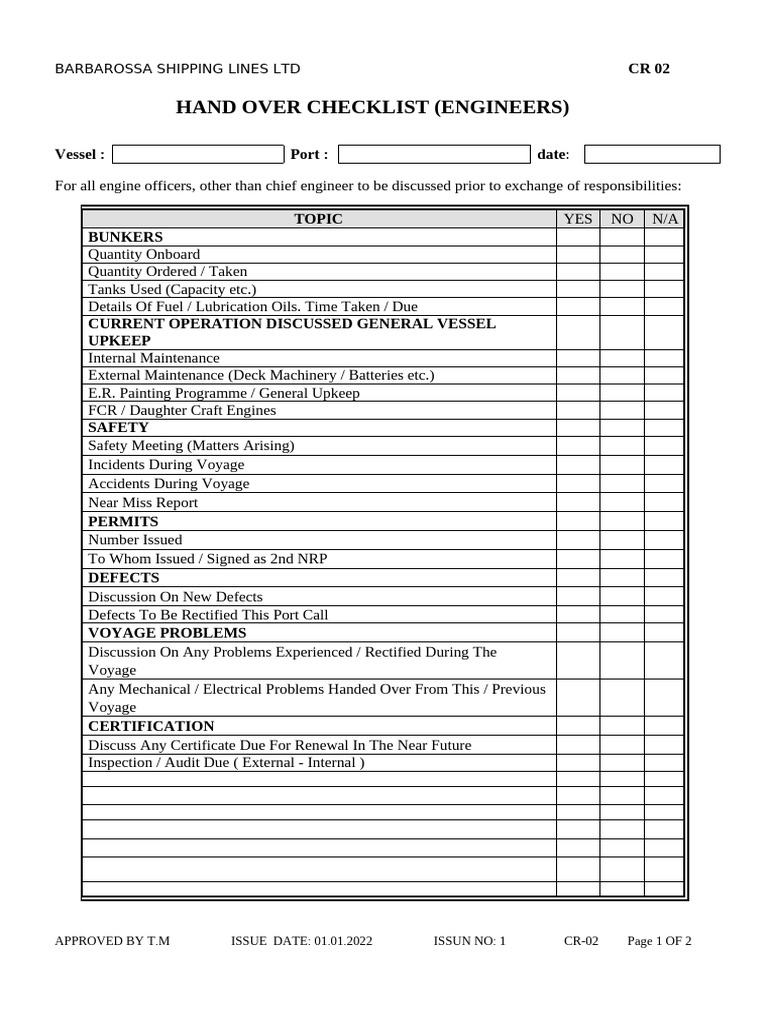 Engineer Handover Checklist Template | PDF