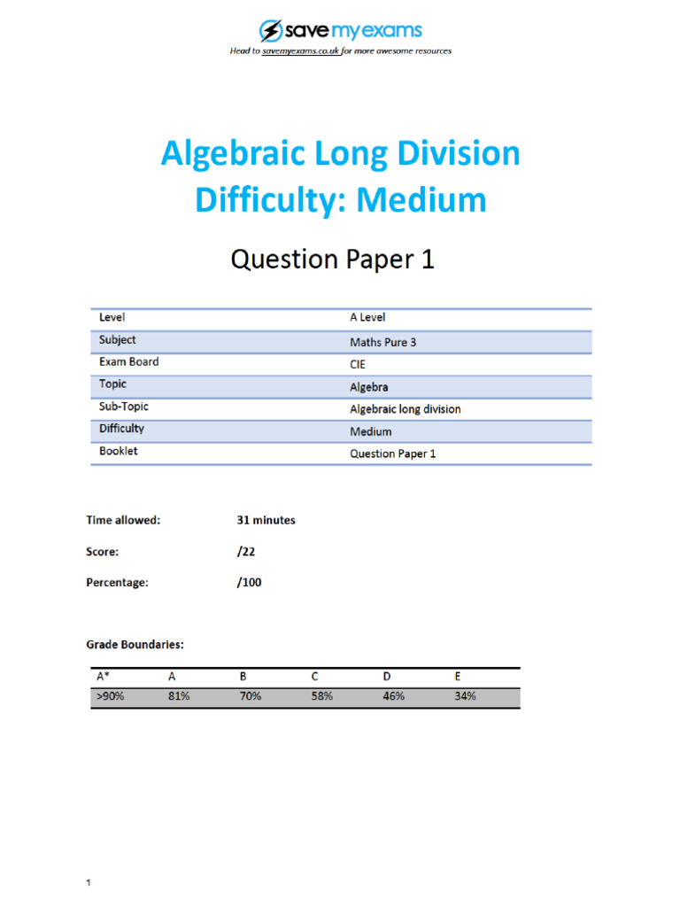 A1.2 Algebraic Long Division Topic Booklet 1 Medium CIE A Level Maths P3 1 | PDF