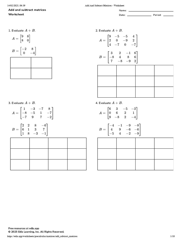 Matrix Addition and Subtraction Worksheet | PDF