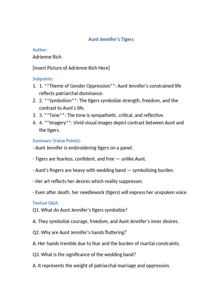 Aunt Jennifers Tigers Assignment | PDF