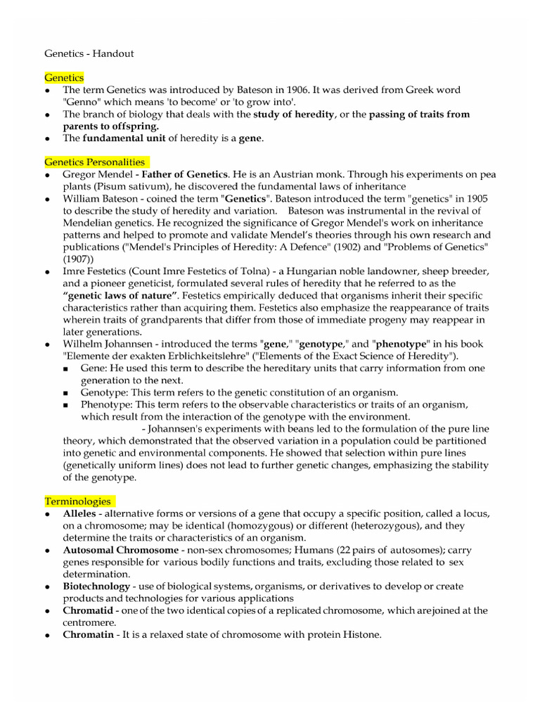 Genetics - Handout | PDF