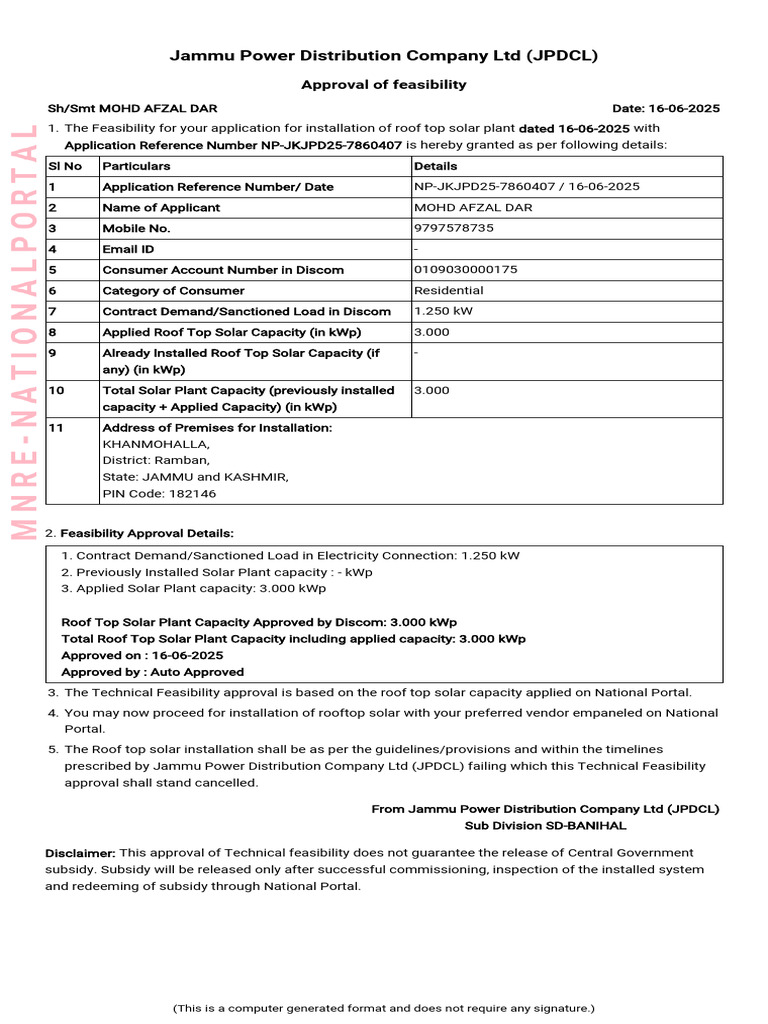 Jammu Power Distribution Company LTD (JPDCL) : Approval of Feasibility ...