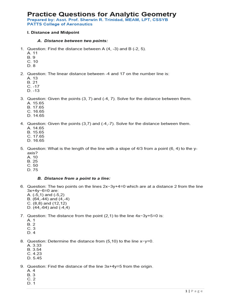 Practice Problems For Analytic Geometry | PDF | Ellipse | Line (Geometry)