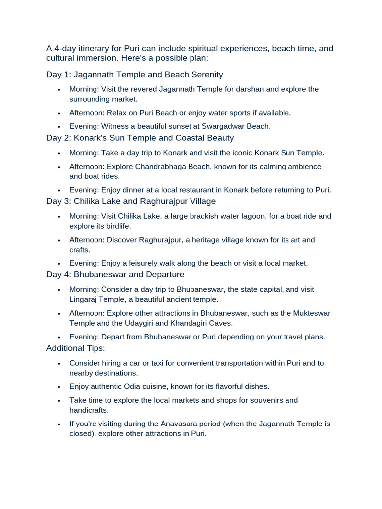 4-Day Puri Travel Itinerary Guide | PDF