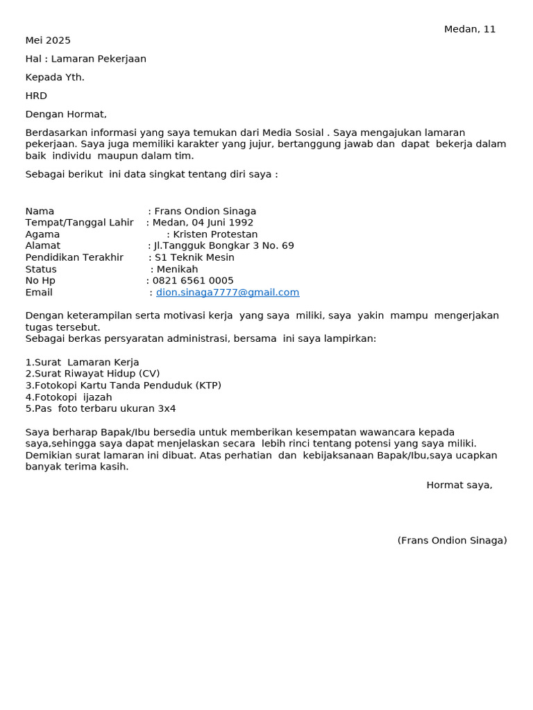 Lamaran Pekerjaan Frans Sinaga | PDF