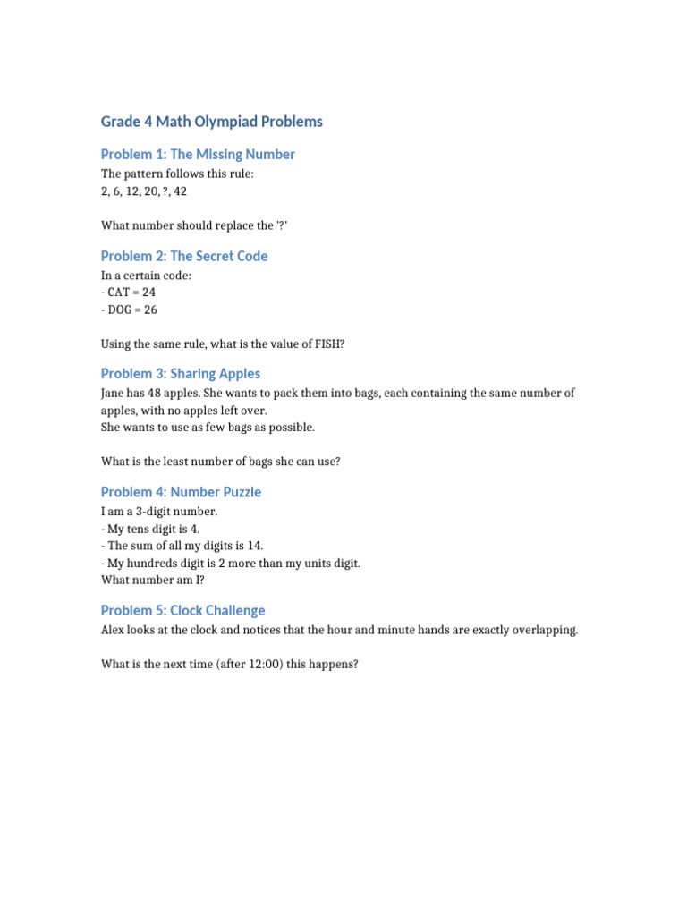 Grade 4 Math Olympiad Problems | PDF