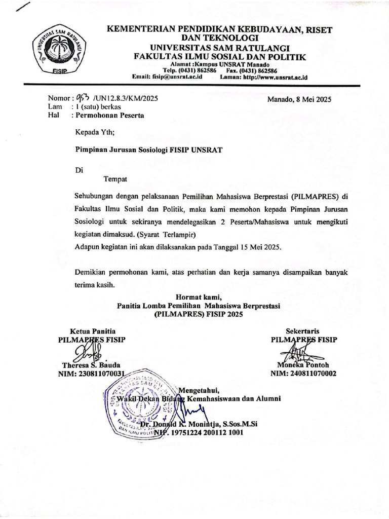 Surat Permohonan Peserta Jurusan Sosiologi | PDF