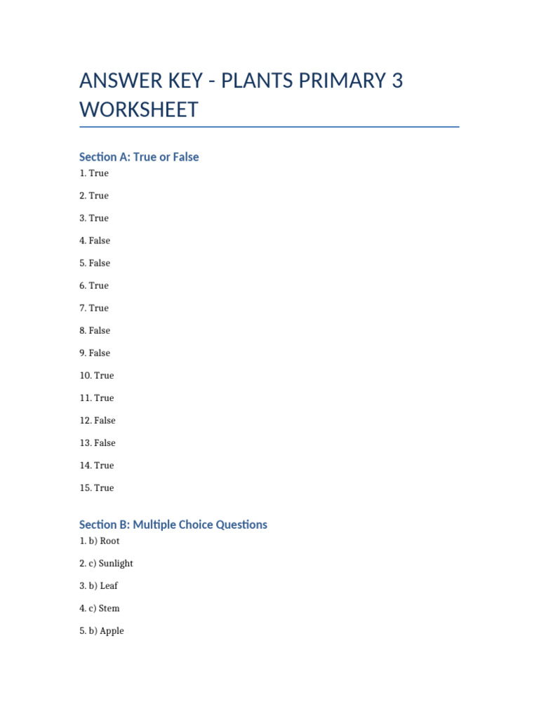 Plants Primary 3 Worksheet Answers | PDF