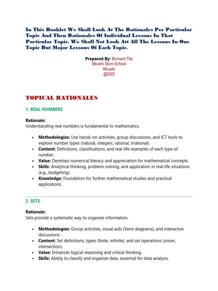 Mathematics II Form 1 Rationale of Topics and Lessons | PDF | Numbers ...