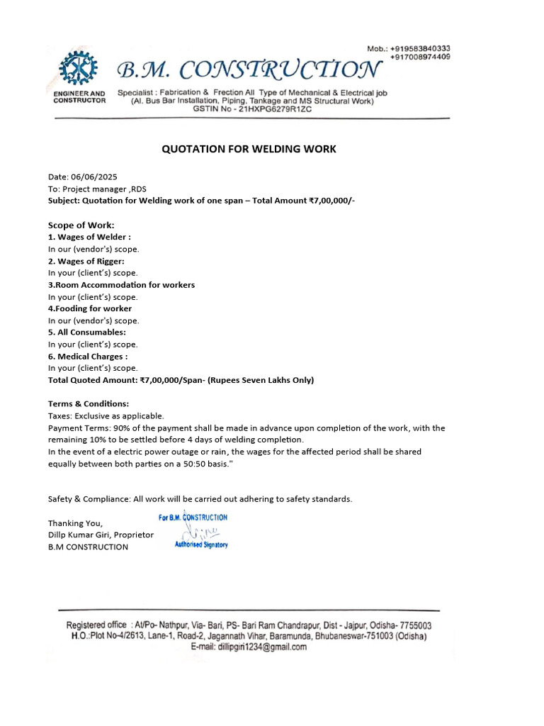 Welding Work Quotation ₹7,00,000 | PDF