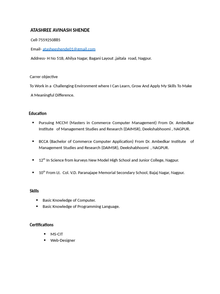 Atashree Avinash Shende Full Rsume | PDF