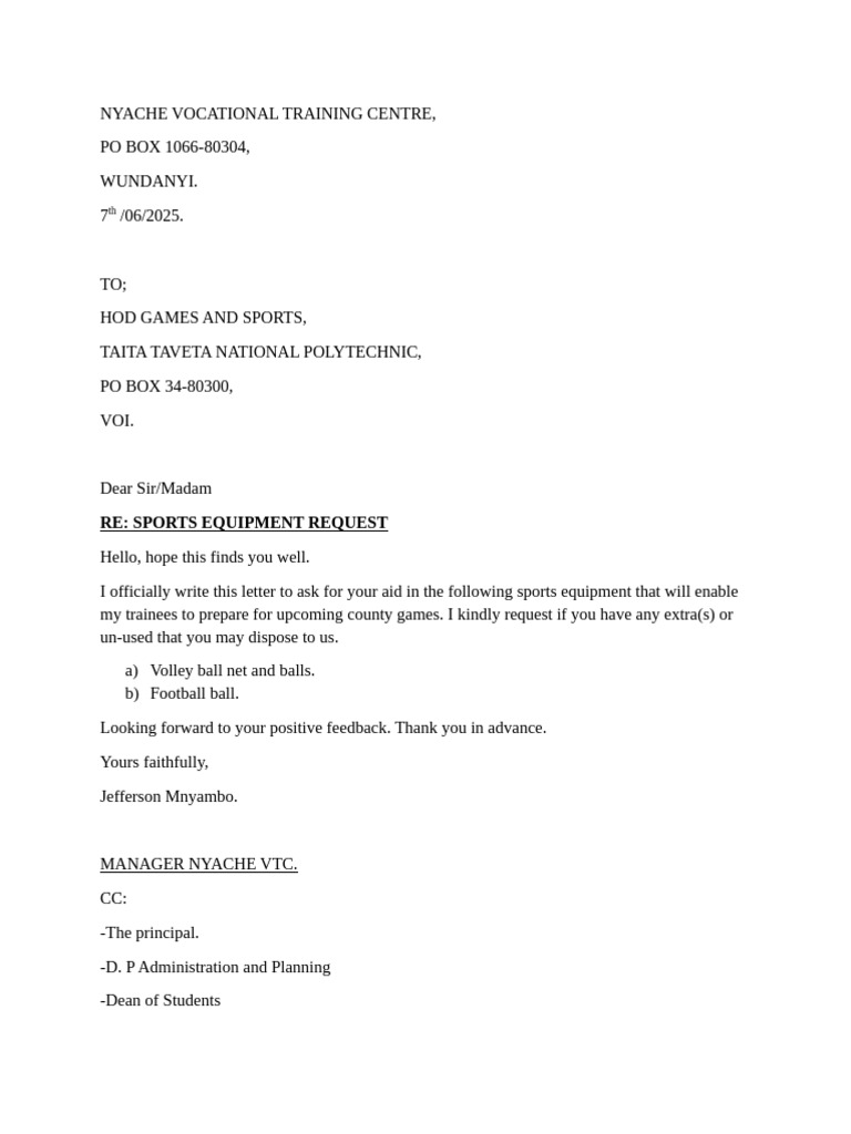Sports Equipment Request Letter | PDF