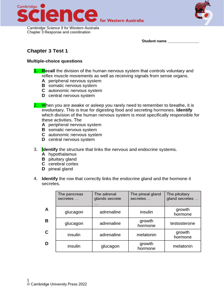 Nervous System and Endocrine Test Guide | PDF | Neuron | Neurotransmitter