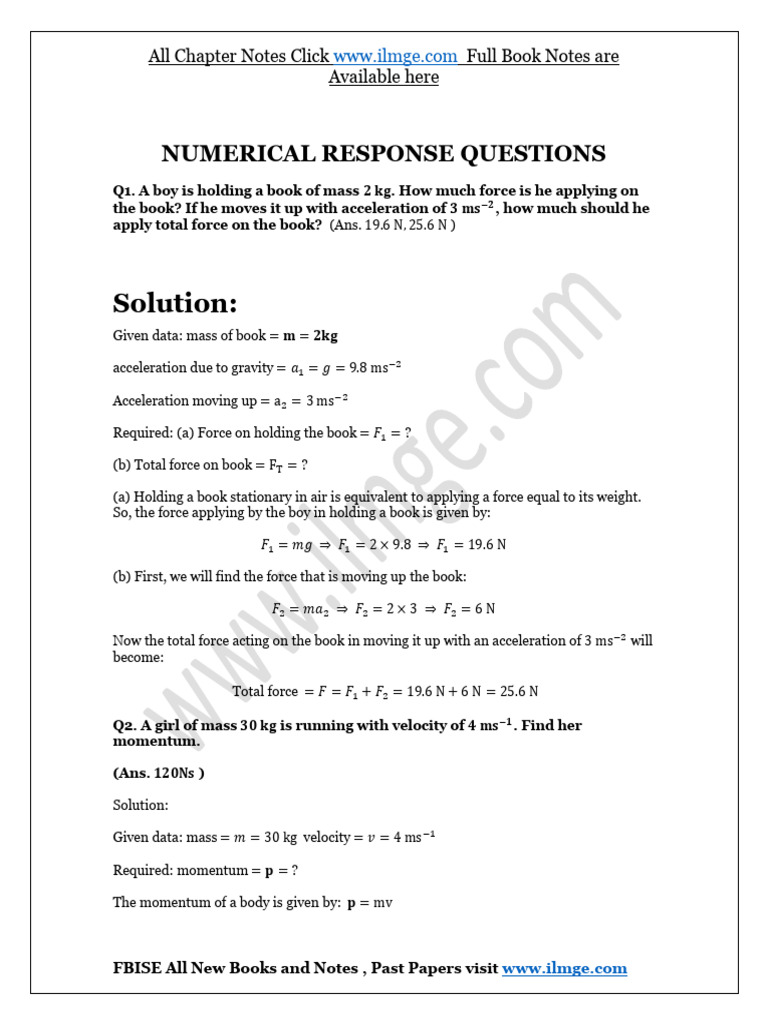 Fbise 9th Physics Numerical CH 3 | PDF | Momentum | Force