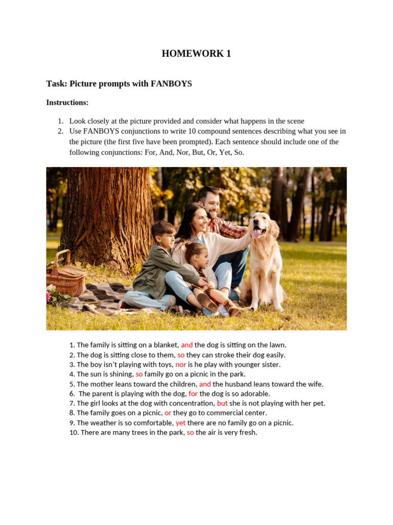 FANBOYS Picture Prompts Homework | PDF