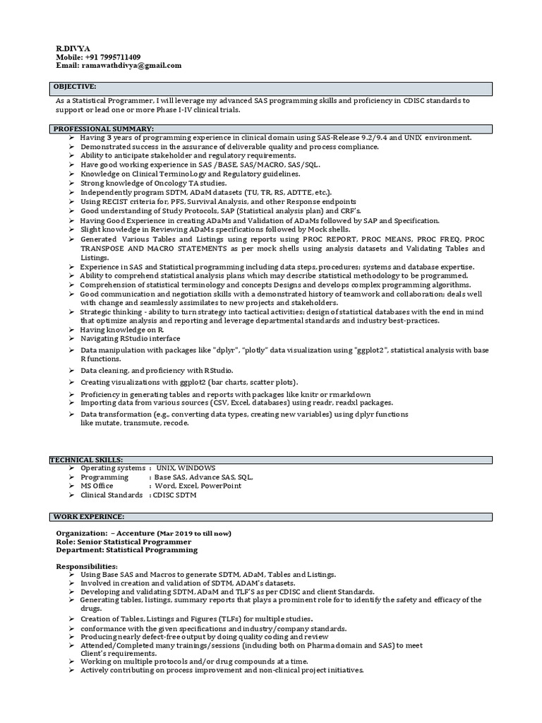Senior Statistical Programmer Profile | PDF | Sas (Software ...
