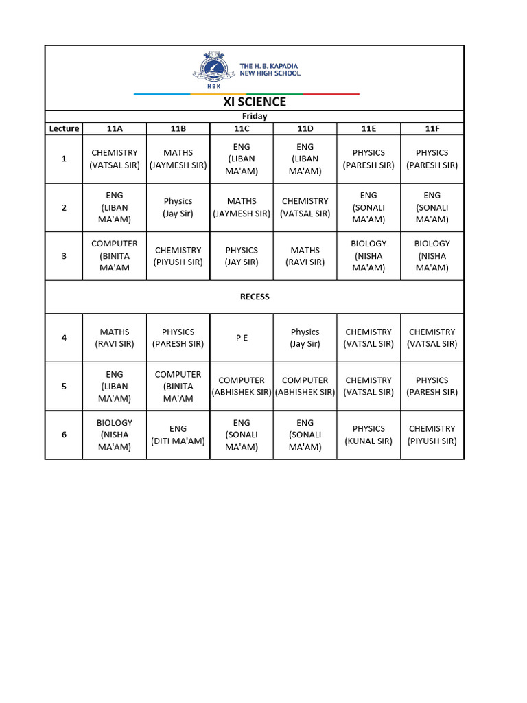 Xi Science Timetable Friday-1 | PDF