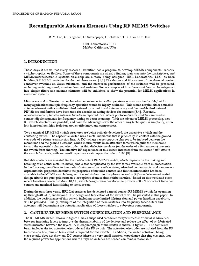 Reconfigurable Antenna Elements Using RF MEMS Switches | PDF | Antenna (Radio) | Transmission Line