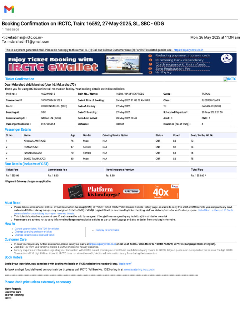 Gmail - Booking Confirmation On IRCTC, Train - 16592, 27-May-2025, SL ...